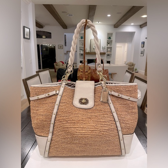 Coach | Bags | Coach Large Raffia Woven Straw And Cream Leather Tote ...